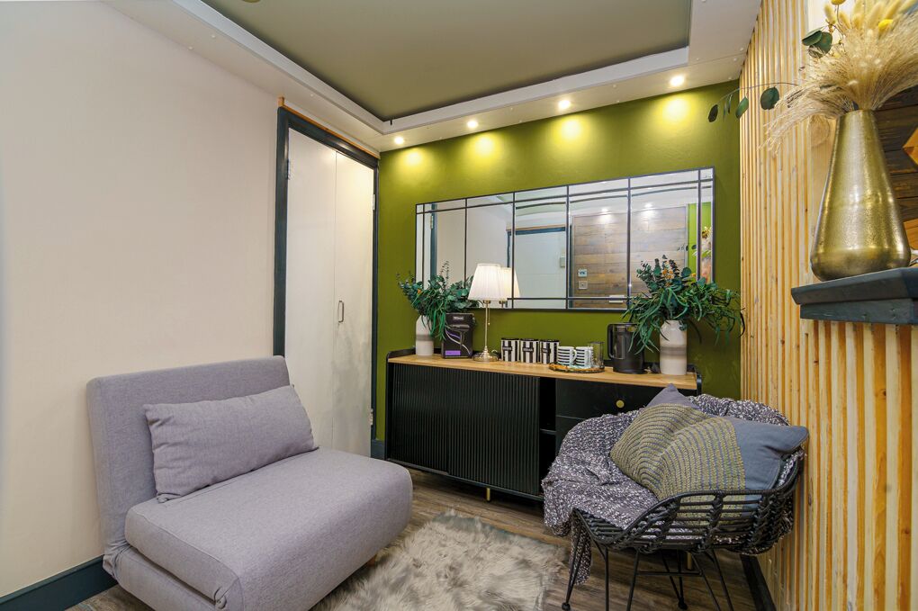 Uma sala de estar moderna com um sofá, uma poltrona, um radiador, um espelho e plantas decorativas.