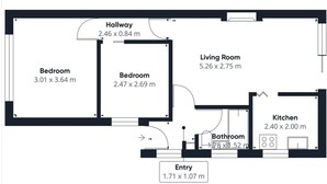 Planta baixa com dois quartos, sala de estar, cozinha, banheiro e hall de entrada.