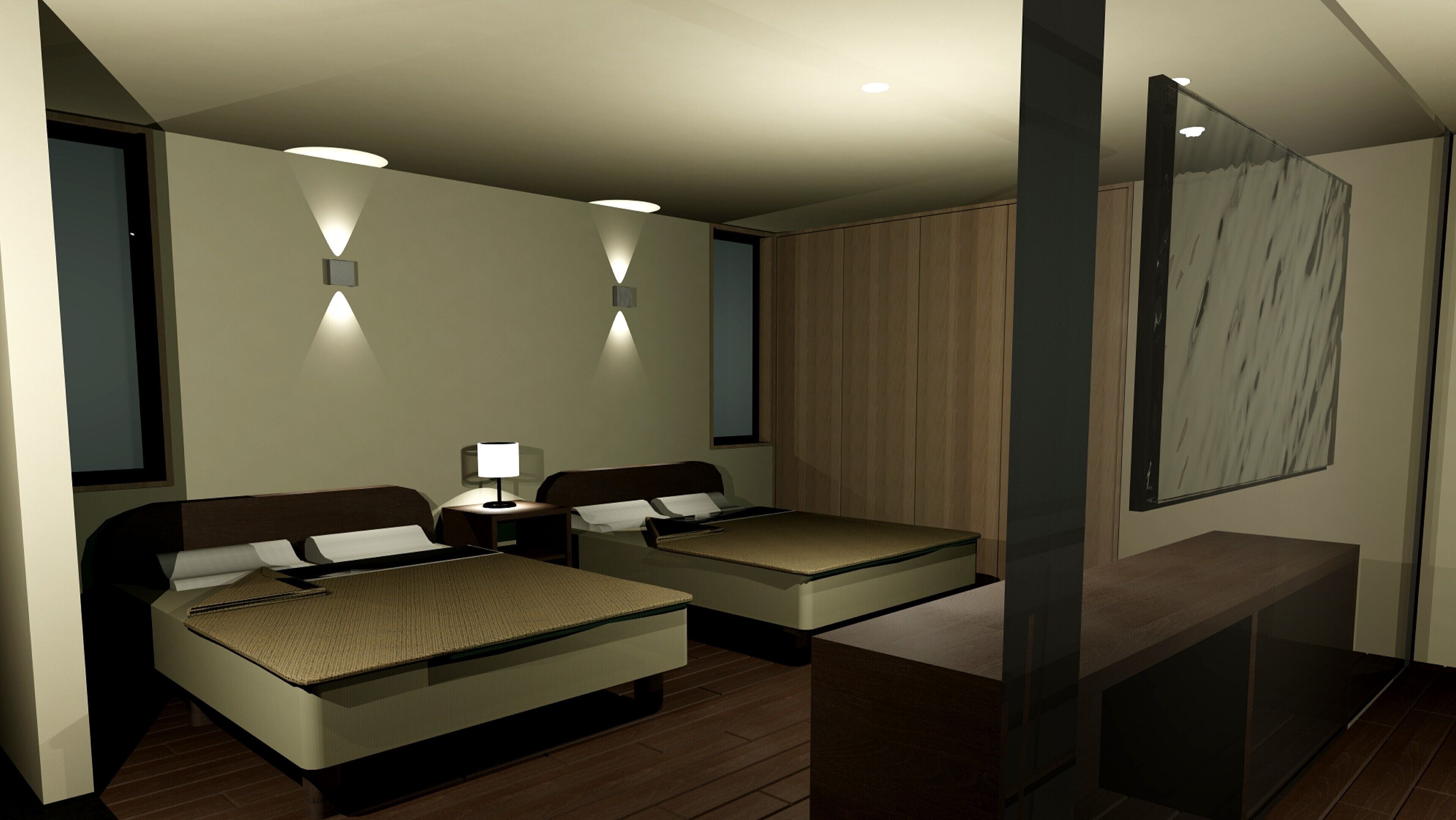 Quarto de hotel com duas camas, mesas de cabeceira, escrivaninha e um espelho grande.