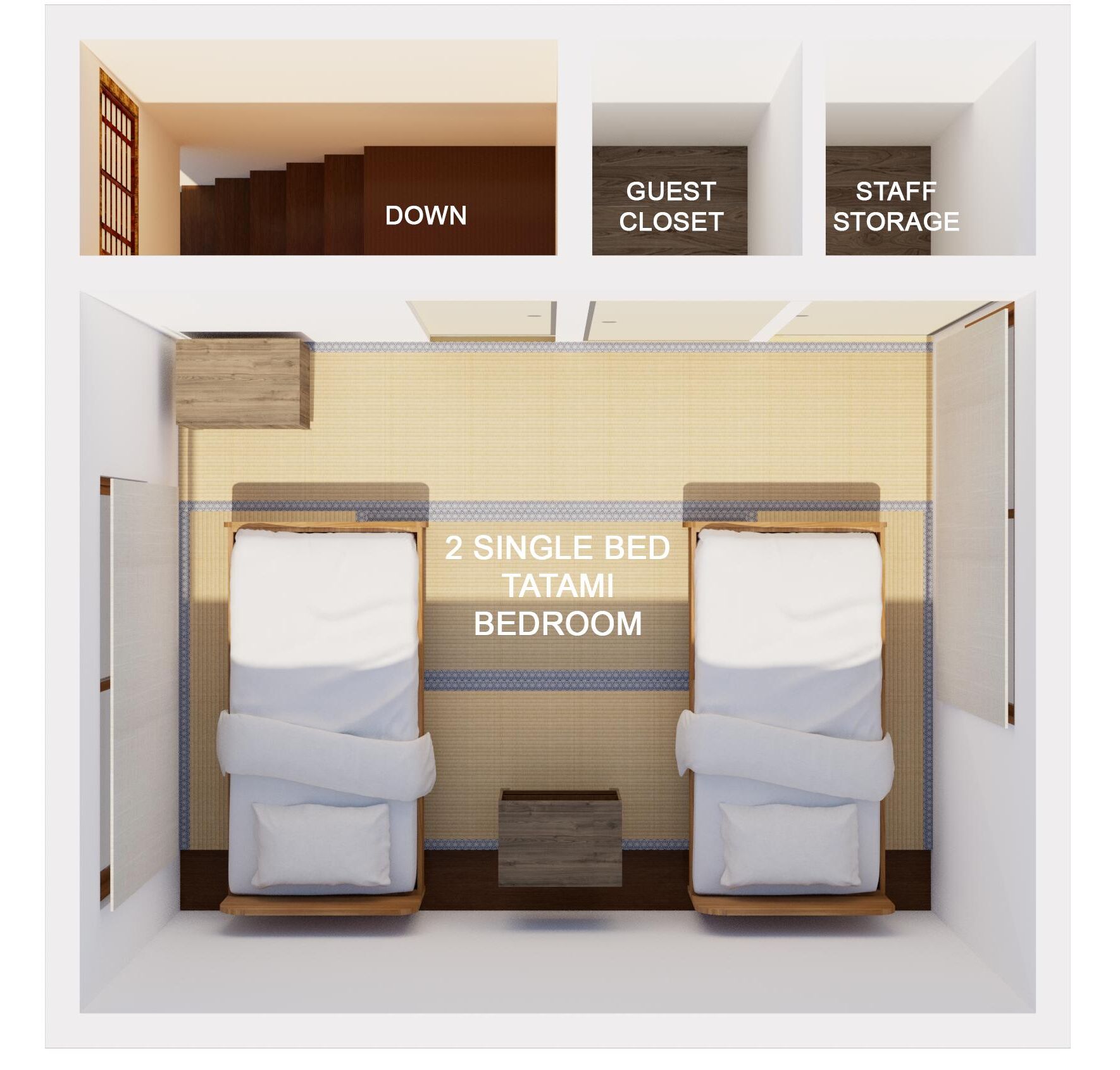 Quarto tatame com 2 camas de solteiro, escada íngreme, armário para hóspedes e espaço de armazenamento para funcionários.