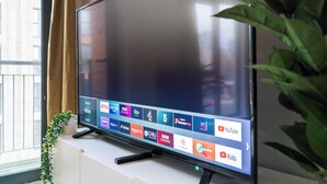 Uma televisão de tela plana em um suporte, com uma planta ao lado.