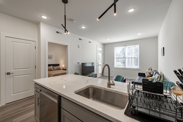 Apartamento Deluxe, 1 cama queen-size e sofá-cama, cozinha, vista para o pátio | Sala de estar | Televisor de ecrã plano de 50 polegadas com canais digitais