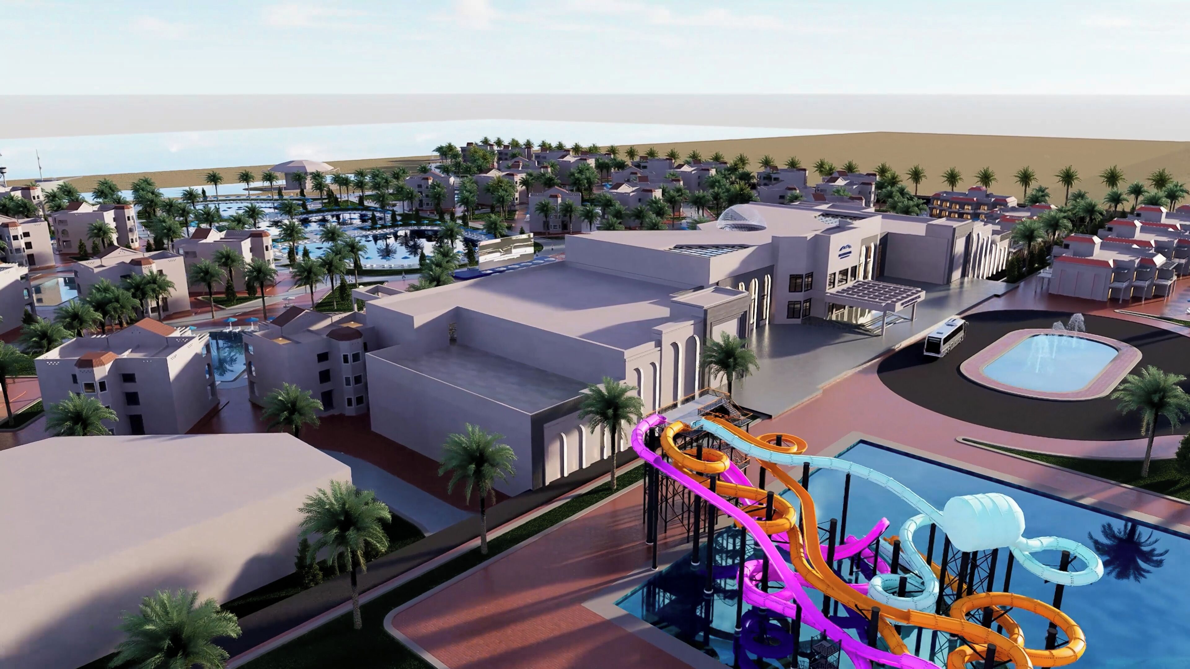 Resort com parque aquático, incluindo um rio lento e piscina com tobogã.