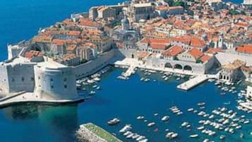 Vista aérea de uma cidade costeira histórica com um castelo fortificado, ruas estreitas e uma marina repleta de barcos.