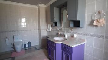 Suite-Estúdio Deluxe, vista para o pátio | Casa de banho | Um secador de cabelo (mediante pedido), chinelos, toalhas fornecidas