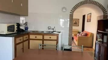 Um frigorífico/congelador grande, um micro-ondas, um forno