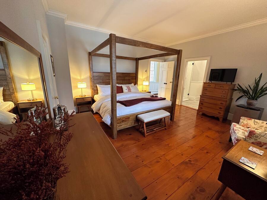 Uma cama com dossel e estrutura de madeira, um banco de madeira ao pé da cama, um aparador de madeira, uma televisão sobre um móvel e um vaso com planta.