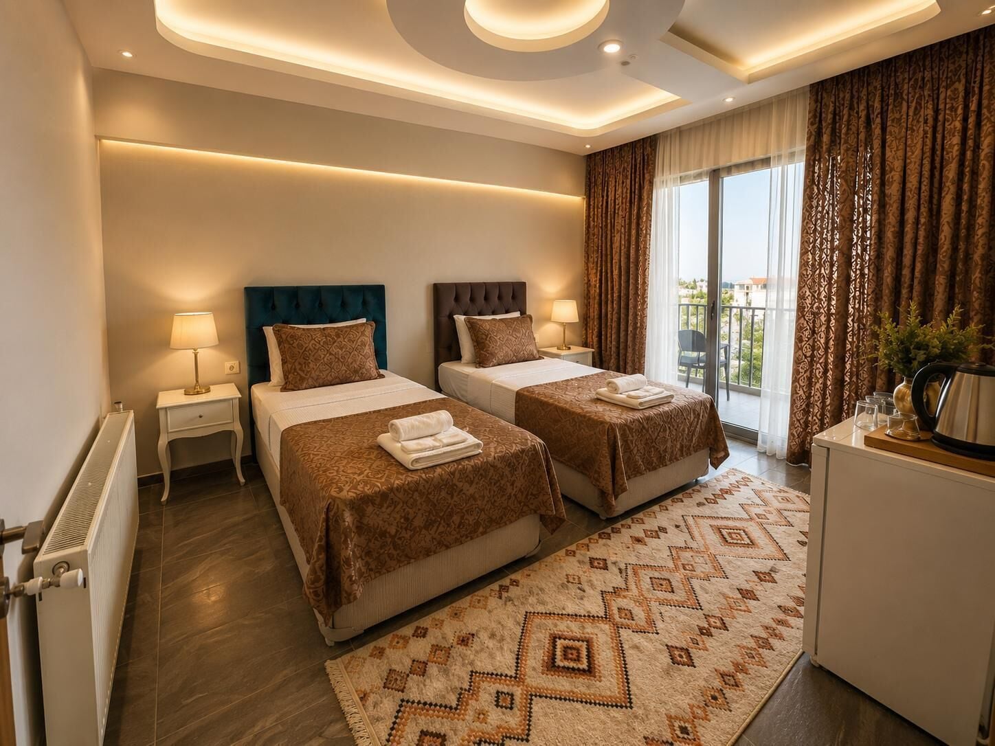 Quarto de hotel com duas camas, uma janela grande com cortinas, um radiador e um tapete estampado.