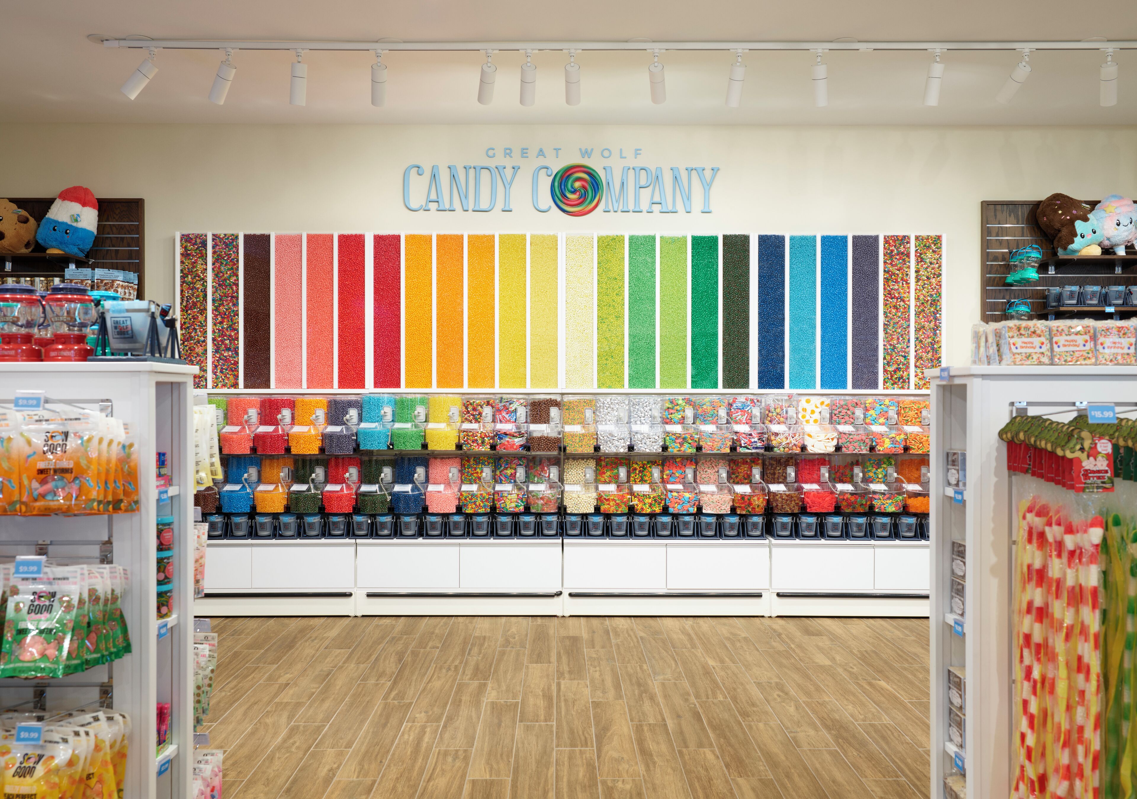 Uma loja de doces com uma vitrine colorida de guloseimas e uma placa que diz "Great Wolf Candy Company".