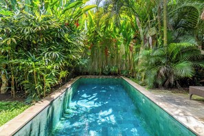 Piscina externa, guarda-sóis, espreguiçadeiras