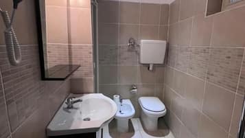 Secador de cabelo, sabonete, shampoo, papel higiênico