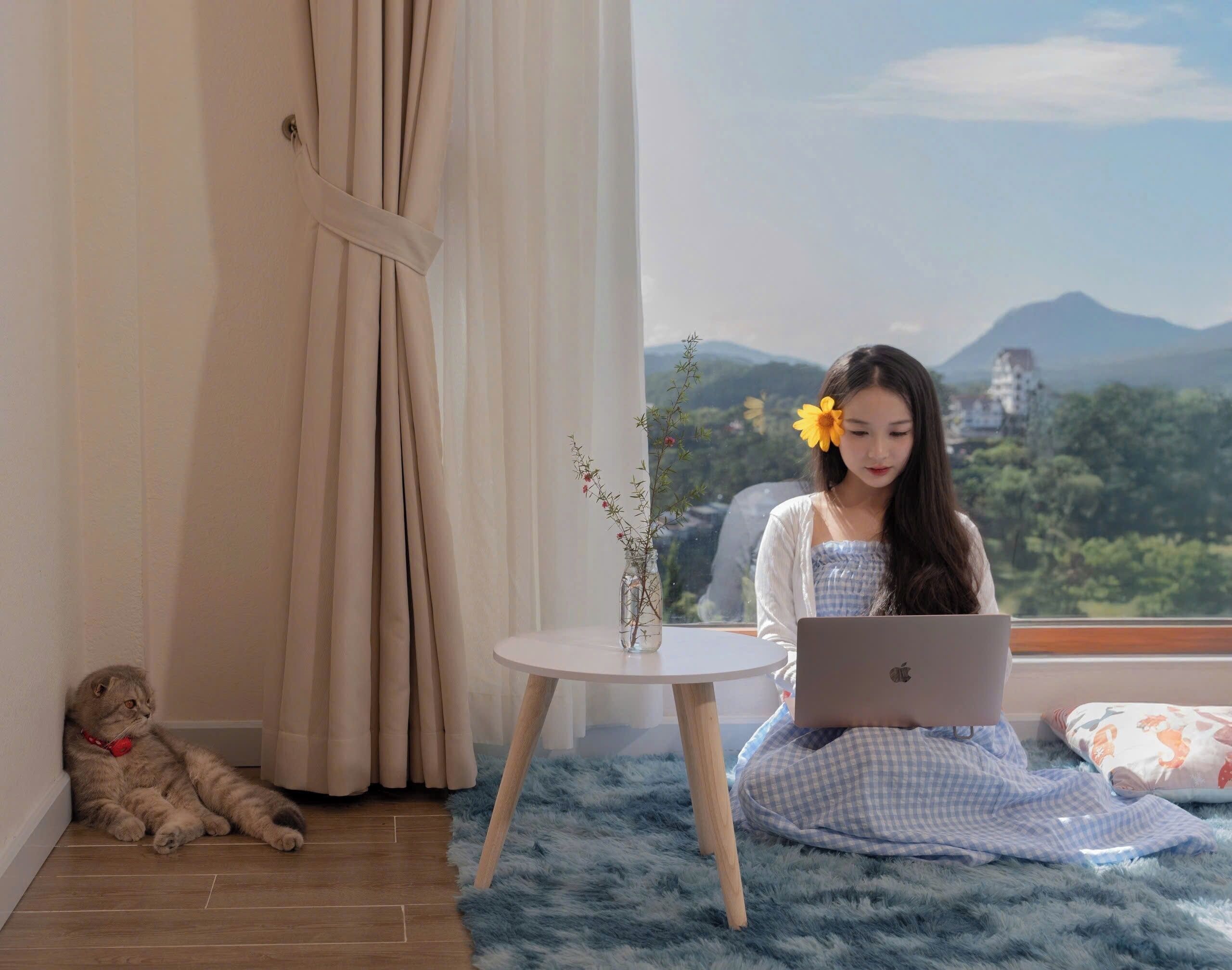 Quarto com vista para montanhas, cama com manta xadrez, laptop em uma mesa pequena e um gato no chão.