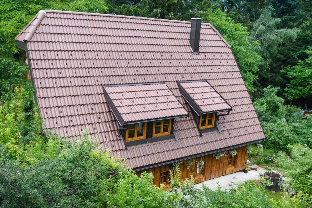 Uma cabana de madeira com telhado inclinado e janelas salientes, rodeada por vegetação densa.