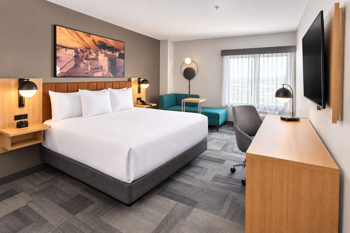Quarto de hotel com uma cama grande, uma escrivaninha, uma cadeira, uma televisão e um quadro na parede.