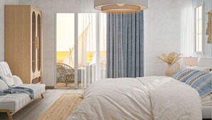 Quarto com cama grande, guarda-roupa de madeira, uma cadeira, abajur e vista para área externa por uma porta de correr.