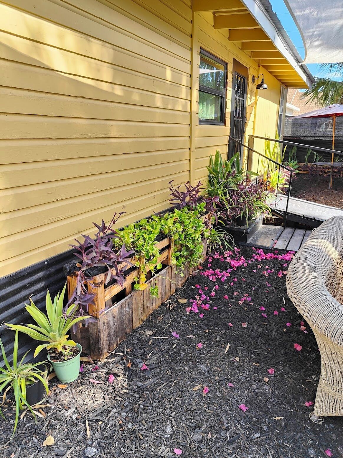 Uma casa amarela com um canteiro cheio de plantas e flores diversas.