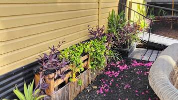 Uma casa amarela com um canteiro cheio de plantas e flores diversas.