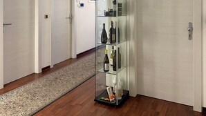 Um corredor com uma vitrine de vidro contendo garrafas, um tapete estampado e portas brancas.