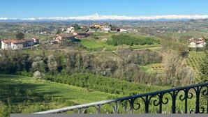 Vista panorâmica de uma aldeia com casas, campos verdes e montanhas nevadas ao fundo.