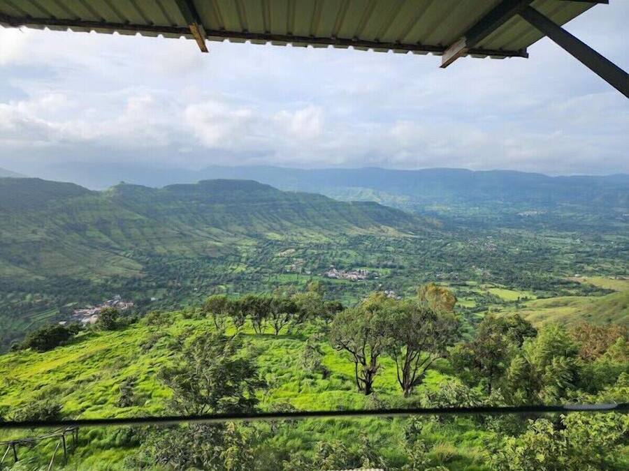 Vista de um espaço coberto, com uma paisagem verdejante e colinas ondulantes, e árvores dispersas.