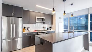 Apartamento família, cozinha, vista para o rio | Cozinha privada | Torradeira, liquidificador, produtos de limpeza, freezer