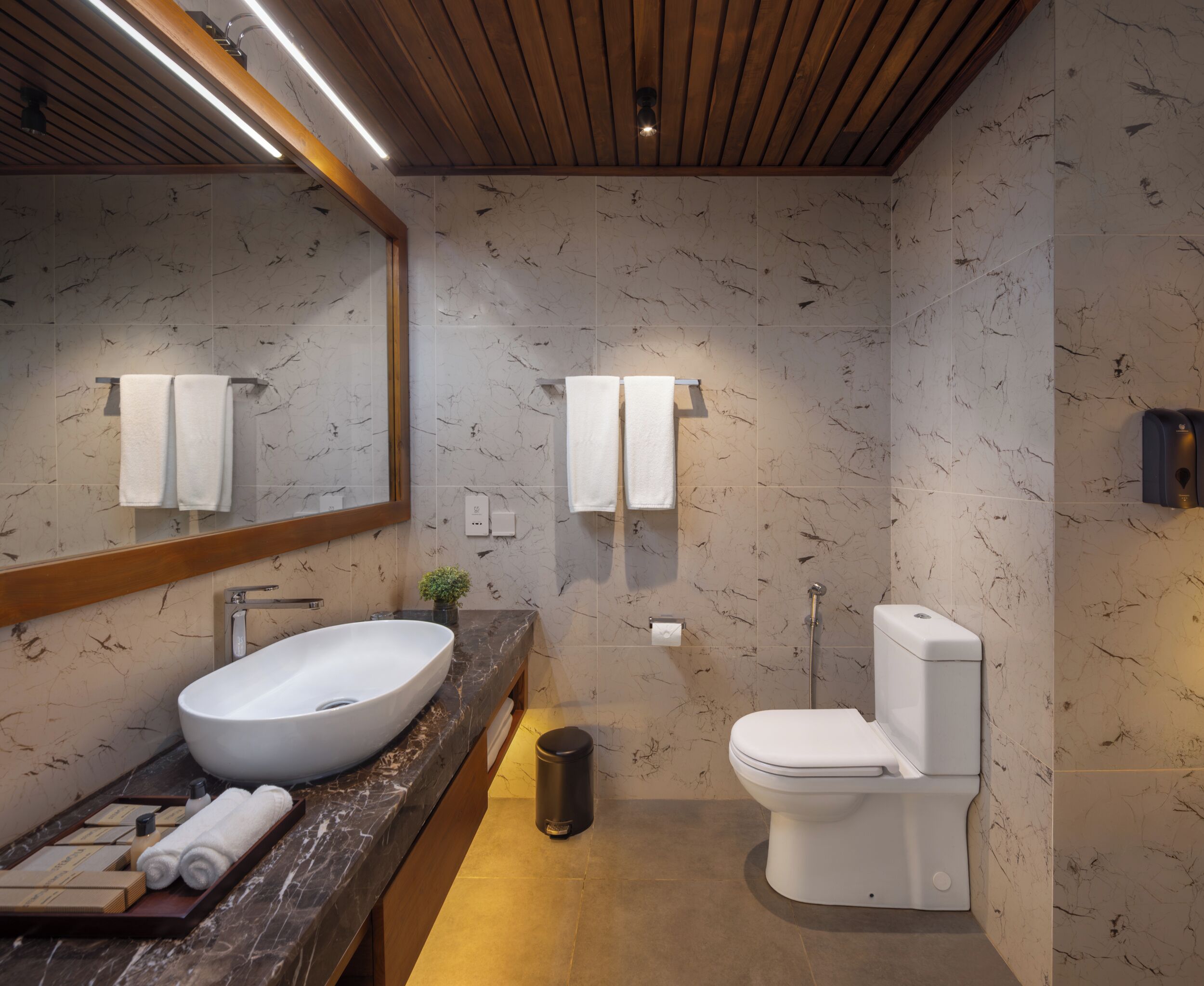 Uma casa de banho moderna com uma bacia grande, sanita e chuveiro.
