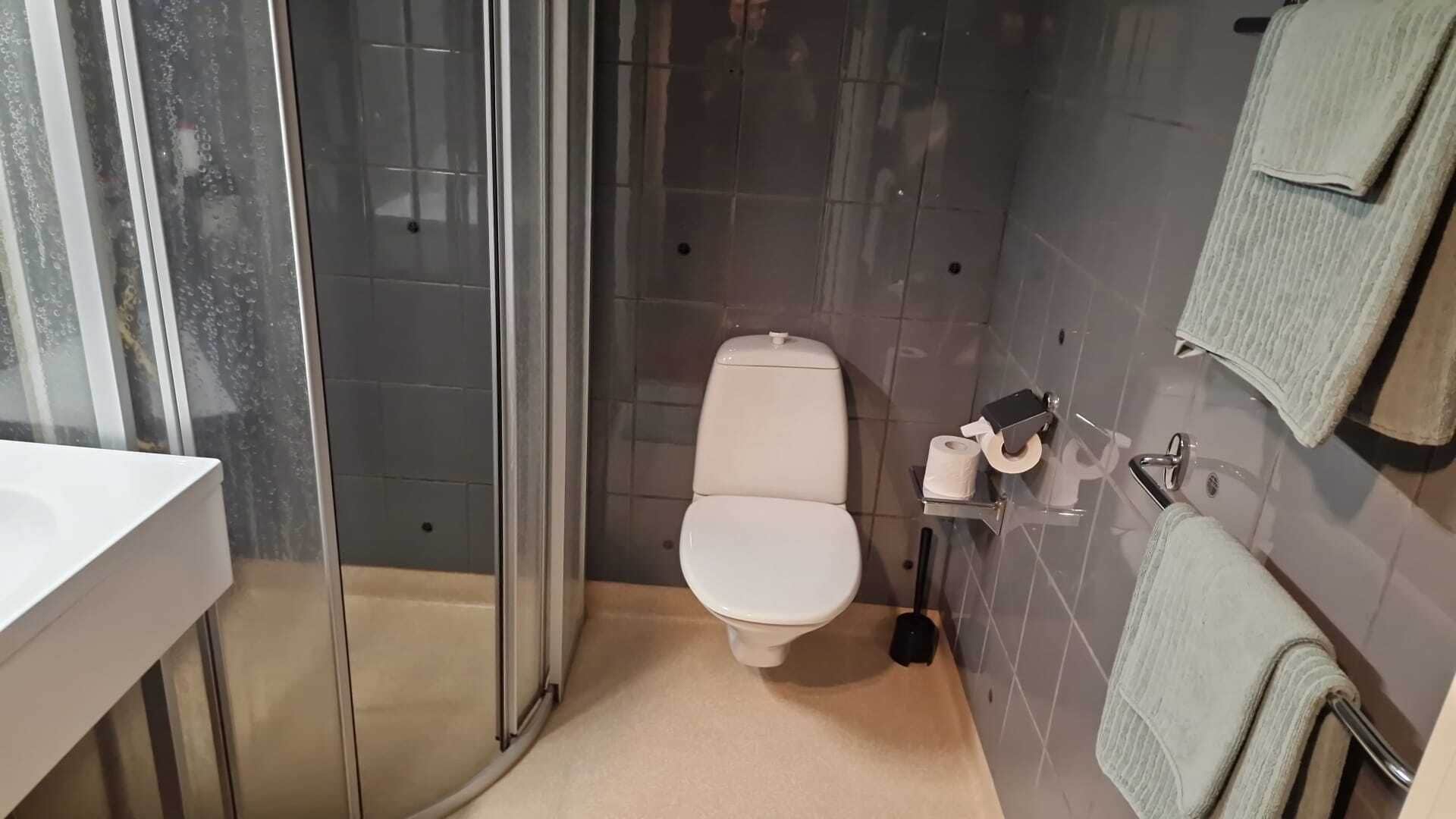 Um banheiro pequeno com vaso sanitário, chuveiro e pia.