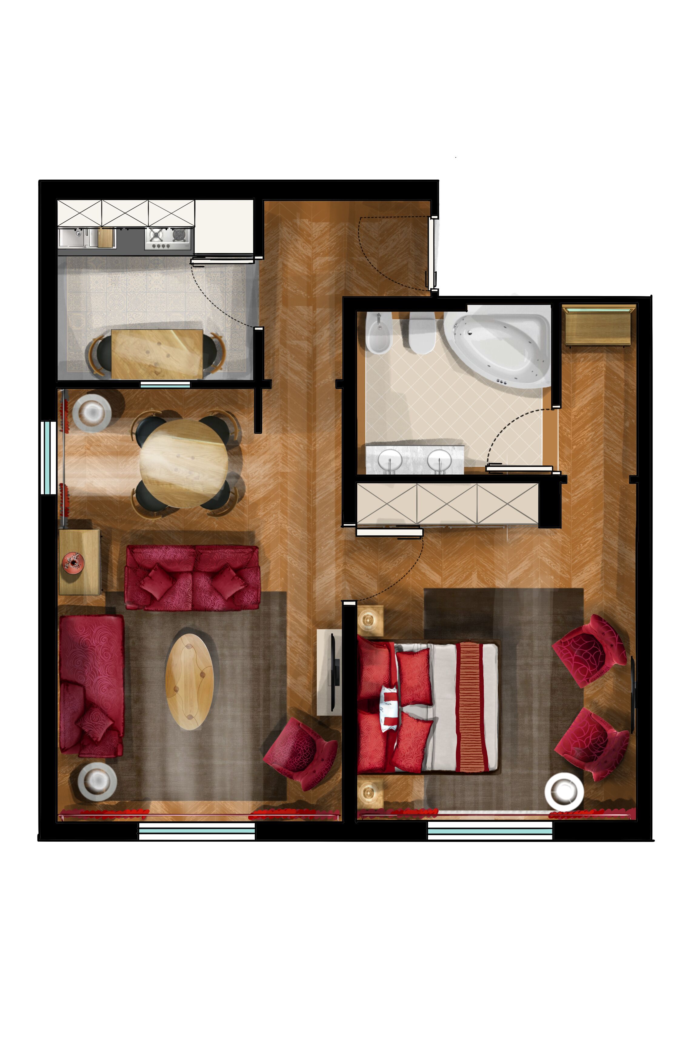 Disposição de um quarto de hotel com área de refeições, cozinha, banheiro e sala de estar.