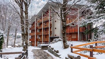 Um edifício de vários andares com um caminho de pedra que leva à entrada, rodeado por árvores cobertas de neve.