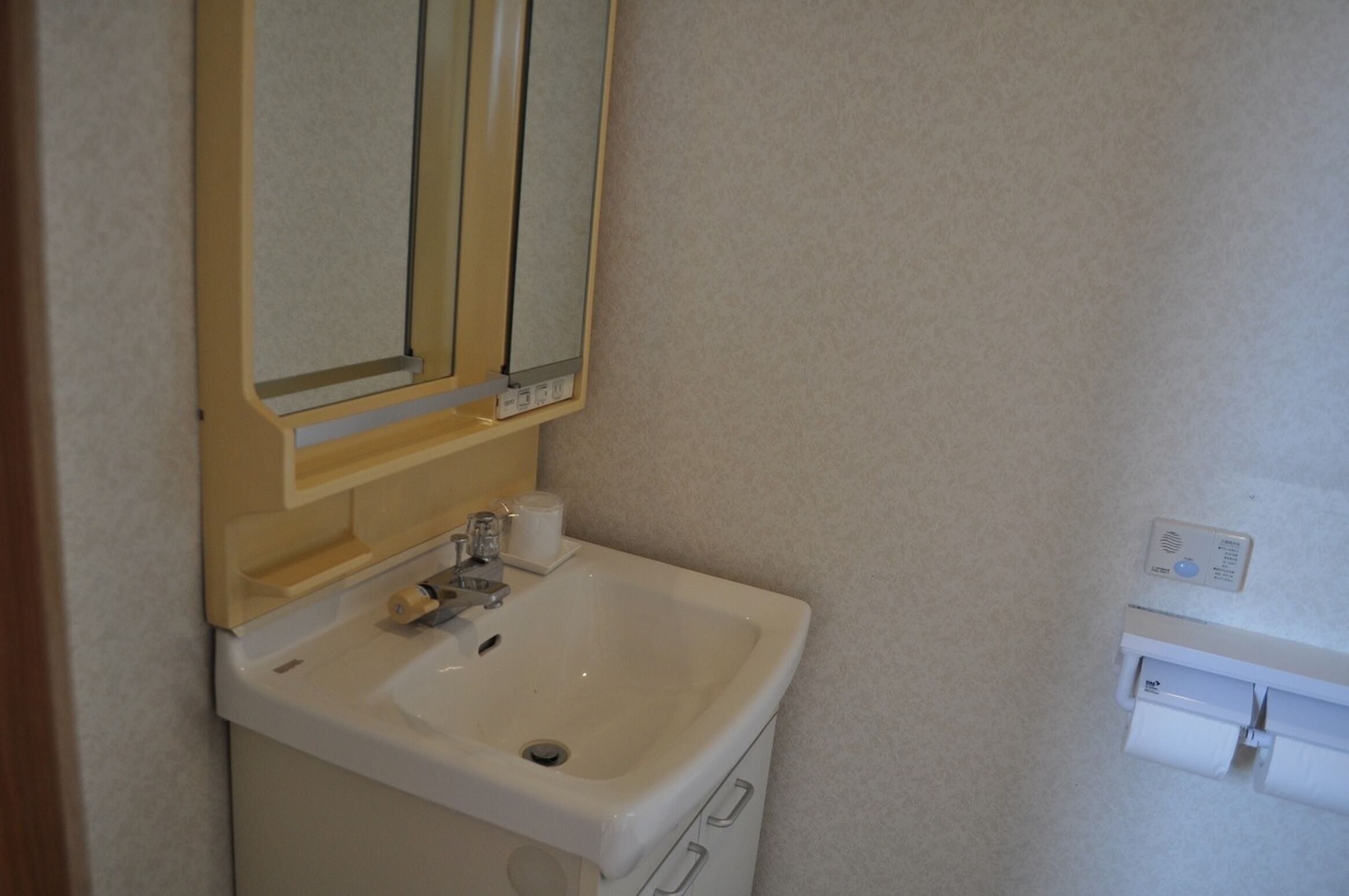 Casa de banho com lavatório branco, espelho e suporte para rolo de papel higiénico.