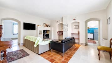 Uma sala de estar ampla com sofá, televisão e lareira.