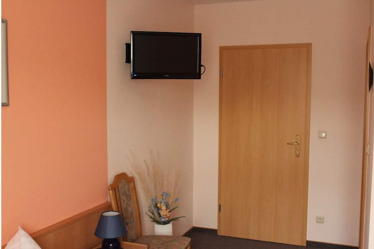 Quarto com porta de madeira, televisão montada, uma cadeira, uma mesa e um vaso com plantas secas.