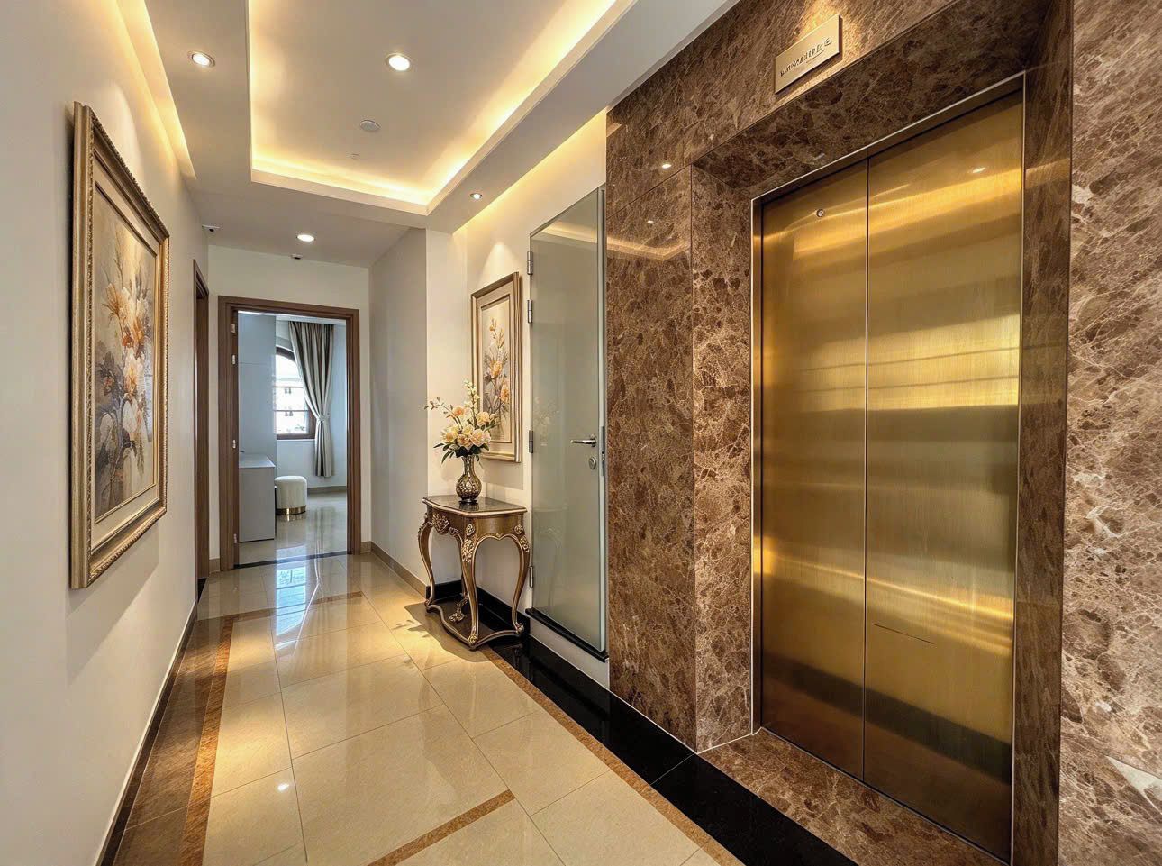 Corredor com piso de mármore, elevador embutido na parede e uma obra de arte emoldurada à esquerda.