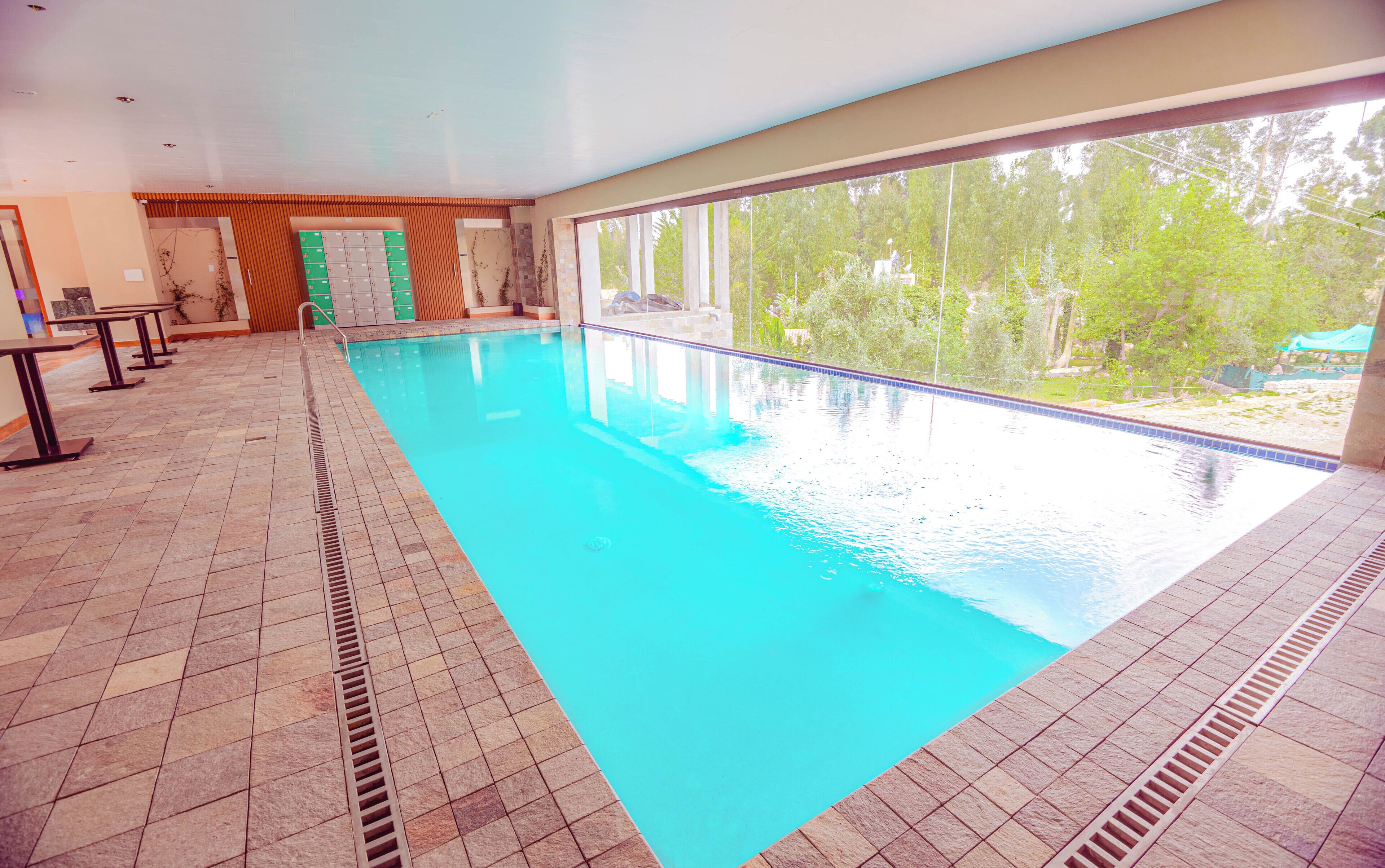 Piscina com chão em mosaico e vista para árvores.