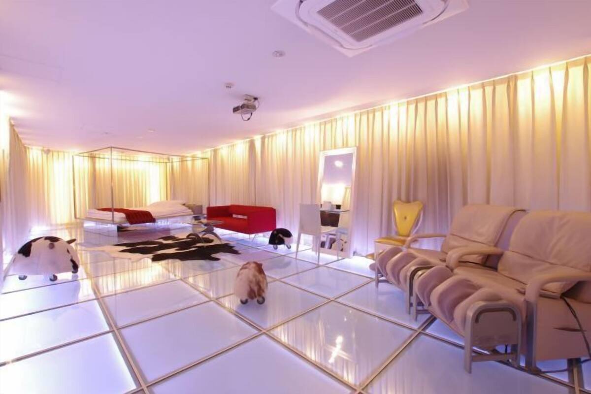 Quarto de hotel com uma cama grande, um sofá vermelho, uma poltrona amarela, uma mesa pequena e um cão no chão.