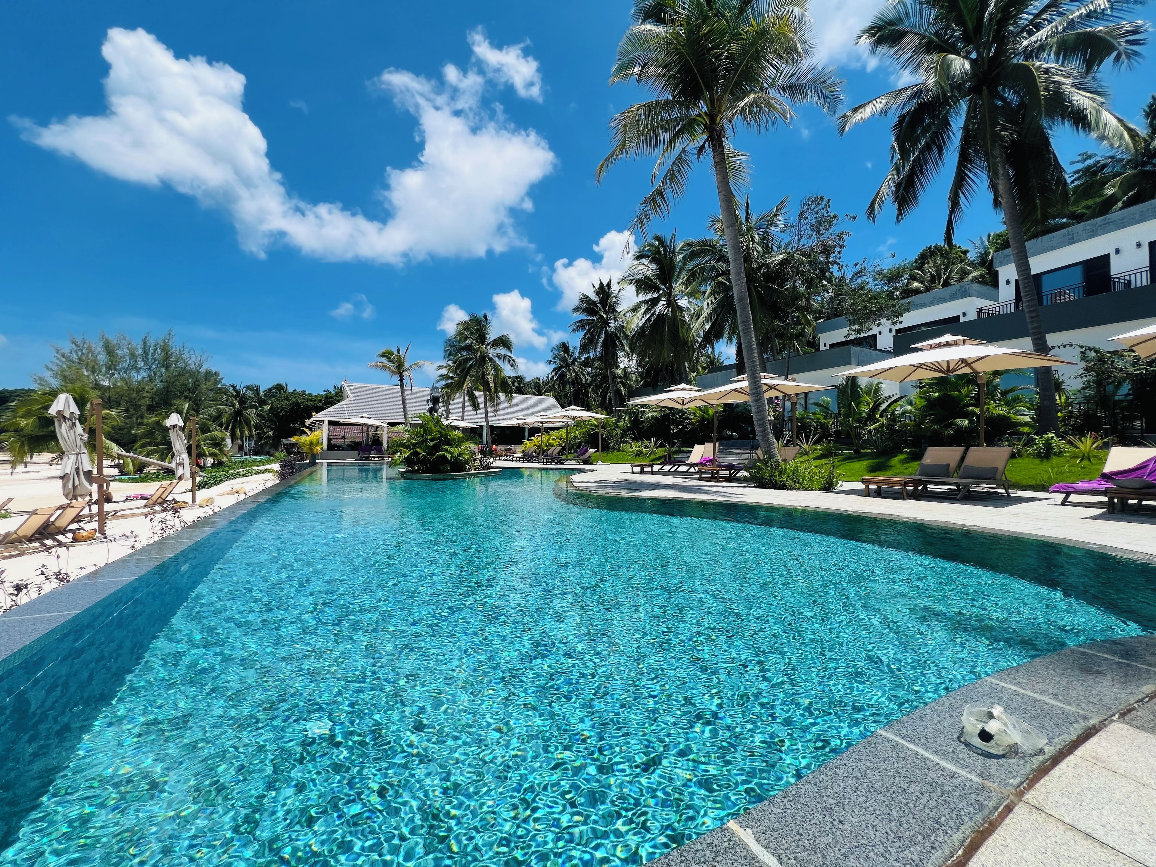 Piscina azul cristalina com espreguiçadeiras e guarda-sóis, cercada por palmeiras e um edifício com fachada branca.