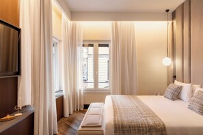 Apartamento Deluxe, Vista para a cidade | 1 quarto, lençóis de algodão egípcio, roupa de alta qualidade 