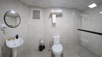 Um polibã, um secador de cabelo, toalhas fornecidas, sabão