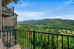 Uma varanda com vista para um vale arborizado e montanhas.