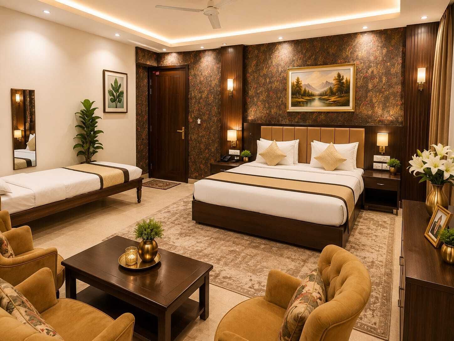 Quarto de hotel com uma cama grande, duas camas menores, um espaço de estar com mesa e cadeiras, um quadro na parede e uma planta.