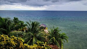 Uma praia tropical com águas azul-claras, palmeiras e uma pequena construção com telhado.