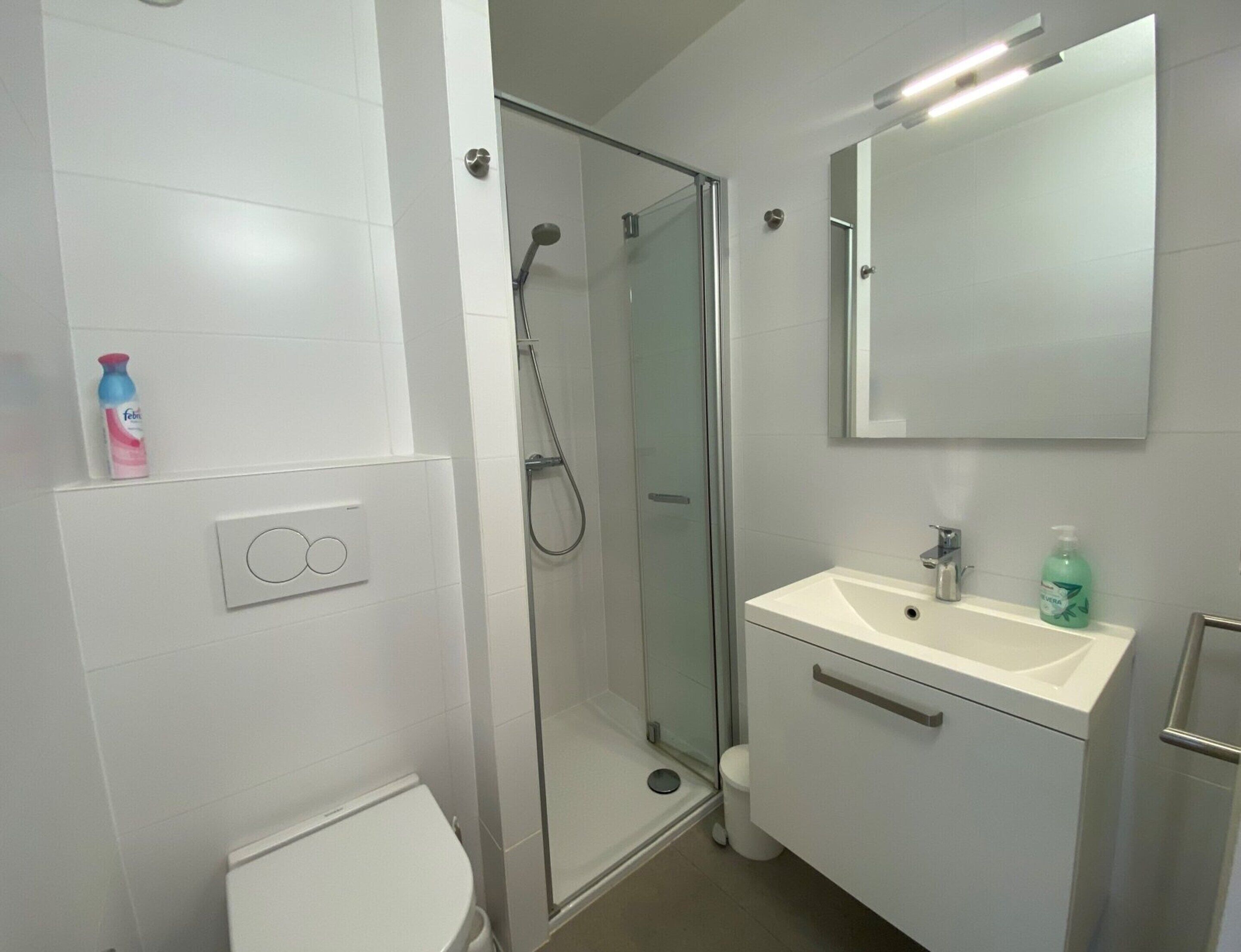 Uma casa de banho com chuveiro em cabine de vidro, lavatório branco com espelho em cima e sanita.