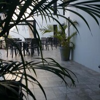 Uma área de refeições interna com mesas, cadeiras, plantas em vasos e vista do céu pela janela.