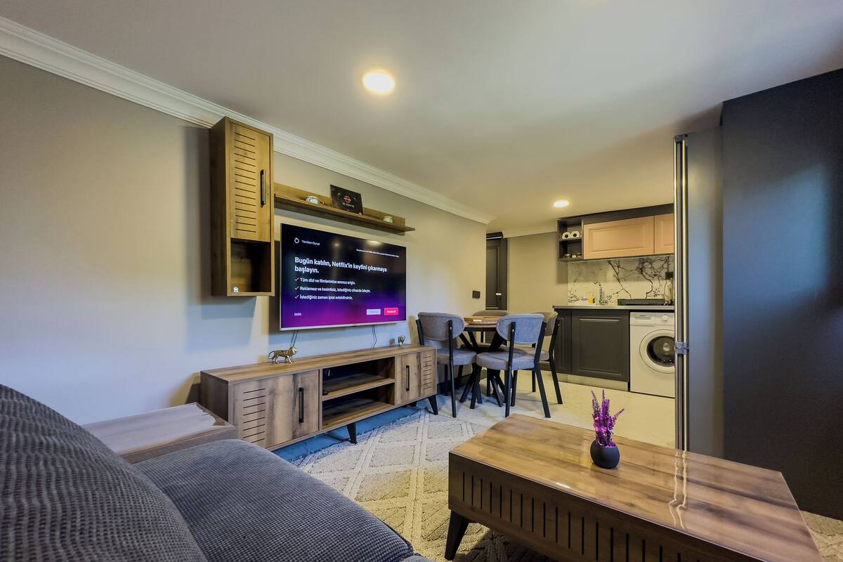 Sala de estar moderna com televisão de tela plana, sofá cinza, mesa de centro de madeira e uma pequena área de cozinha com máquina de lavar.