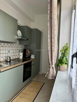 Apartamento Familiar, 1 cama de casal e sofá-cama, cozinha, vista para a montanha | Cozinha privada | Um frigorífico/congelador grande, um micro-ondas, um forno 