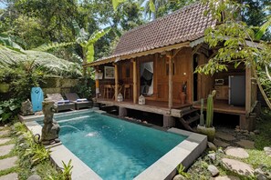 Uma casa de madeira com piscina, rodeada por vegetação tropical.