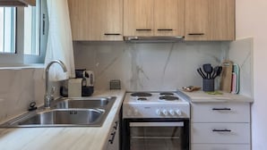Uma cozinha moderna com pia de aço inoxidável, fogão a gás e forno embutido. Há armários de madeira acima do balcão e uma janela à esquerda.