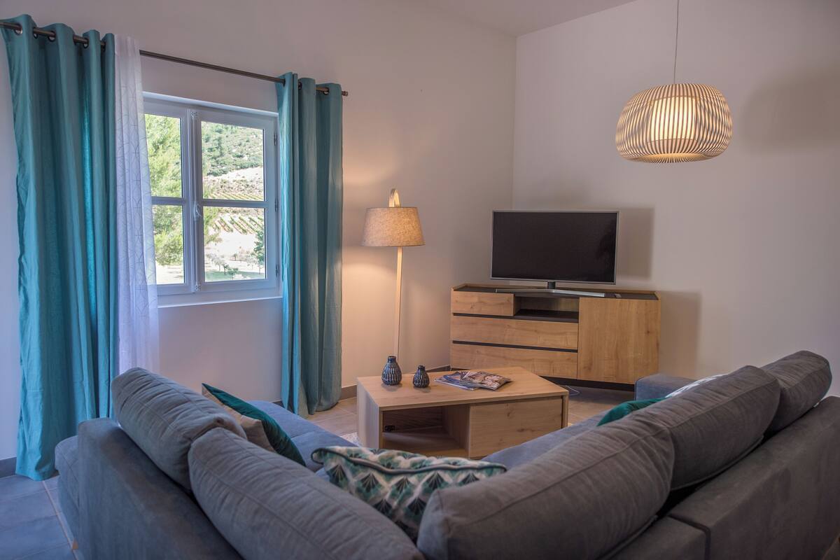 Uma sala de estar moderna com um sofá cinzento, uma mesa de centro de madeira, uma televisão em um móvel de madeira e um candeeiro pendente.