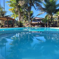 Piscina azul límpida rodeada por palmeiras e um gazebo de madeira.