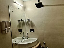 Quarto Duplo Deluxe, varanda | Casa de banho | Um polibã, toalhas fornecidas, champô 